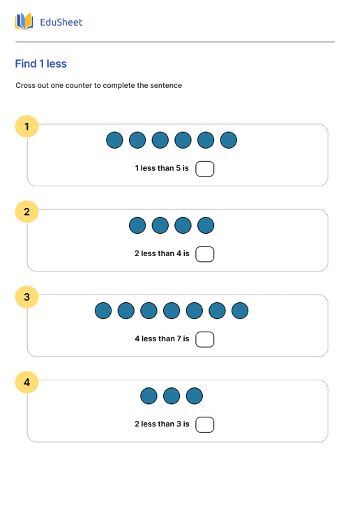 Find 1 less Worksheets | Free Download at Orchids International