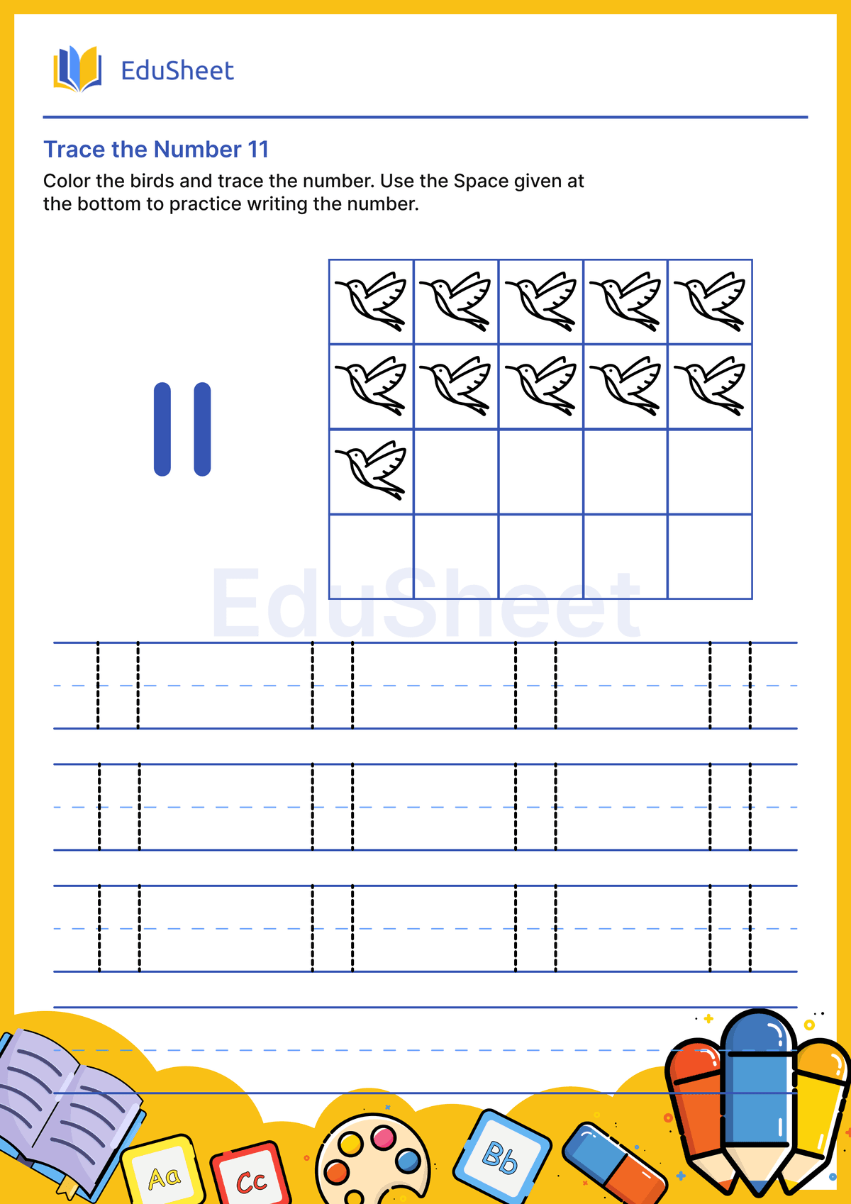 Trace the Number 11 : Birds Worksheets | Free Download at Orchids ...