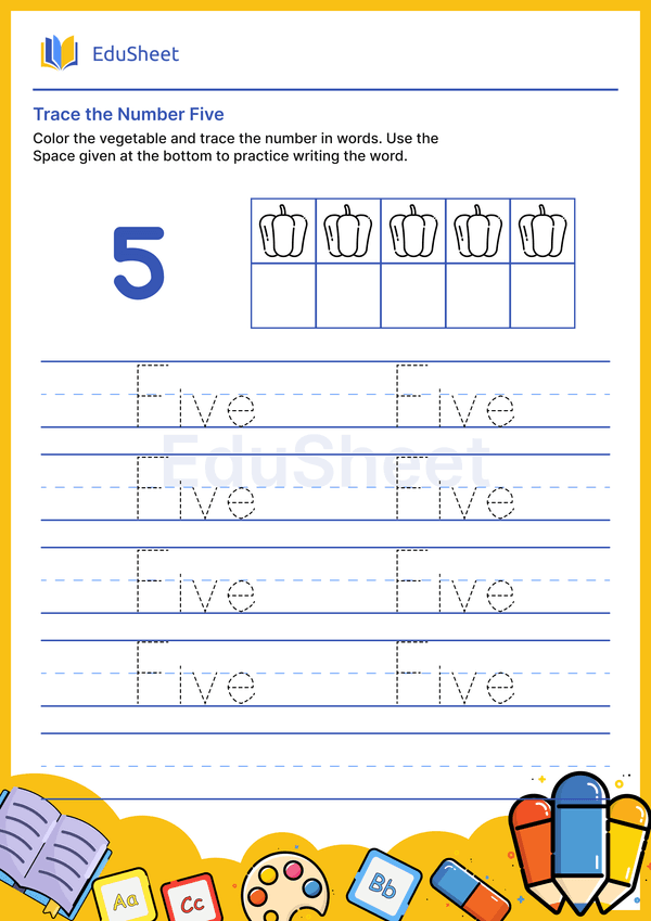 Trace vegetables Numbers in word "Five" Worksheets | Free Download at ...