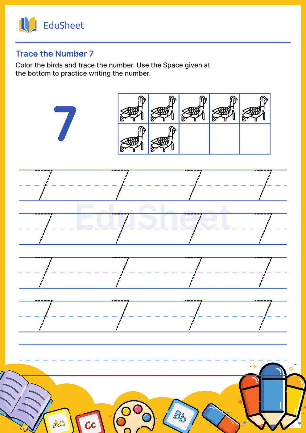 Trace the Number 7 : Birds Worksheets | Free Download at Orchids ...