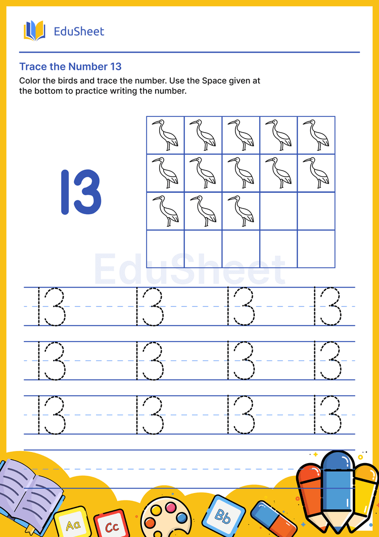 Trace the Number13 : Birds Worksheets | Free Download at Orchids ...