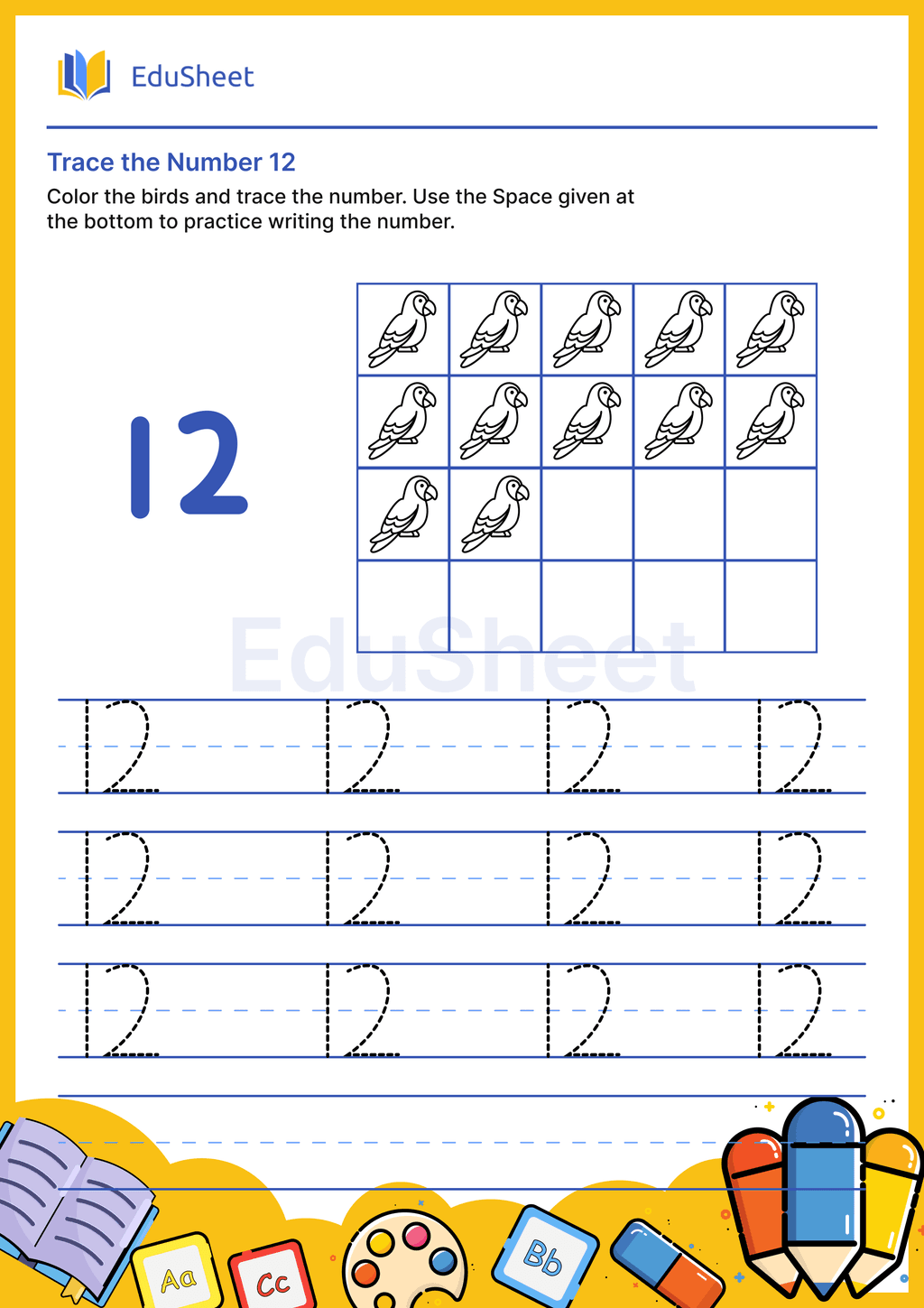 Trace the Number 12 : Birds Worksheets | Free Download at Orchids ...